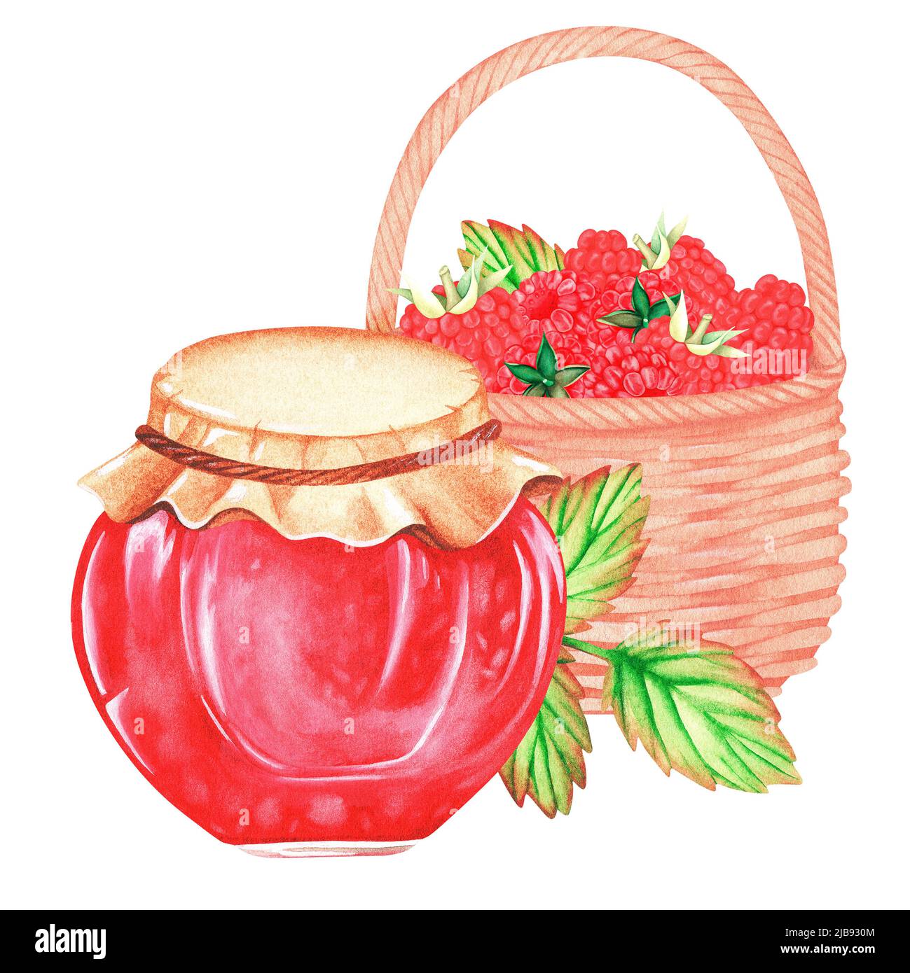 Jam with a basket of raspberries. Watercolor illustration. Isolated on ...