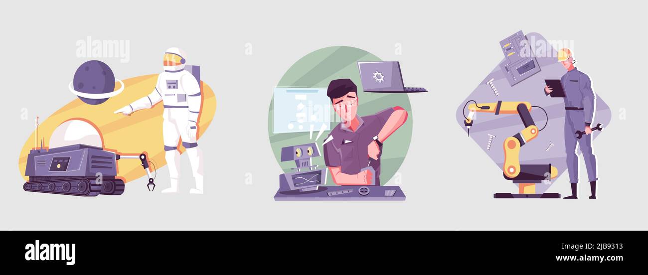 Robotics set with flat compositions of people assembling and ...