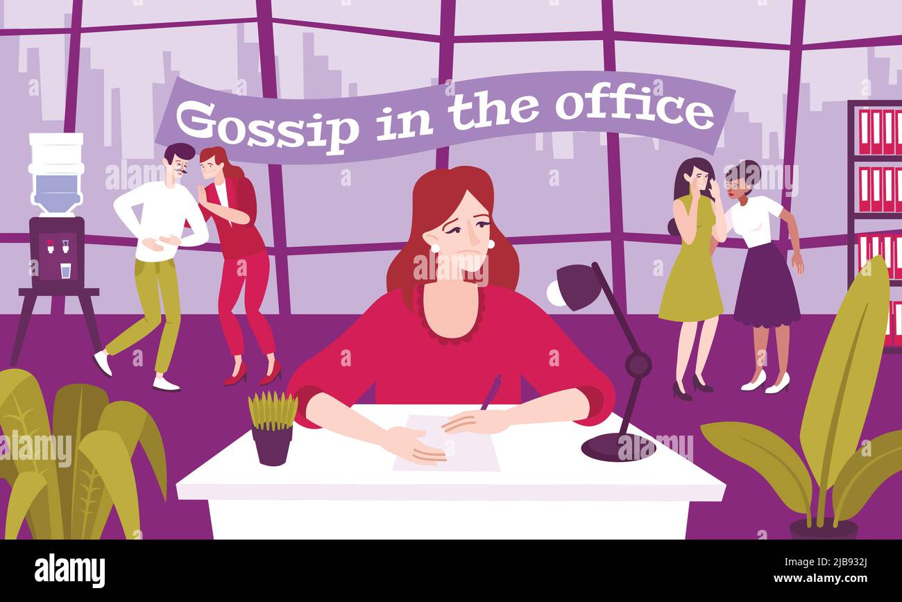 Work gossip flat composition with office scenery and cartoon characters ...
