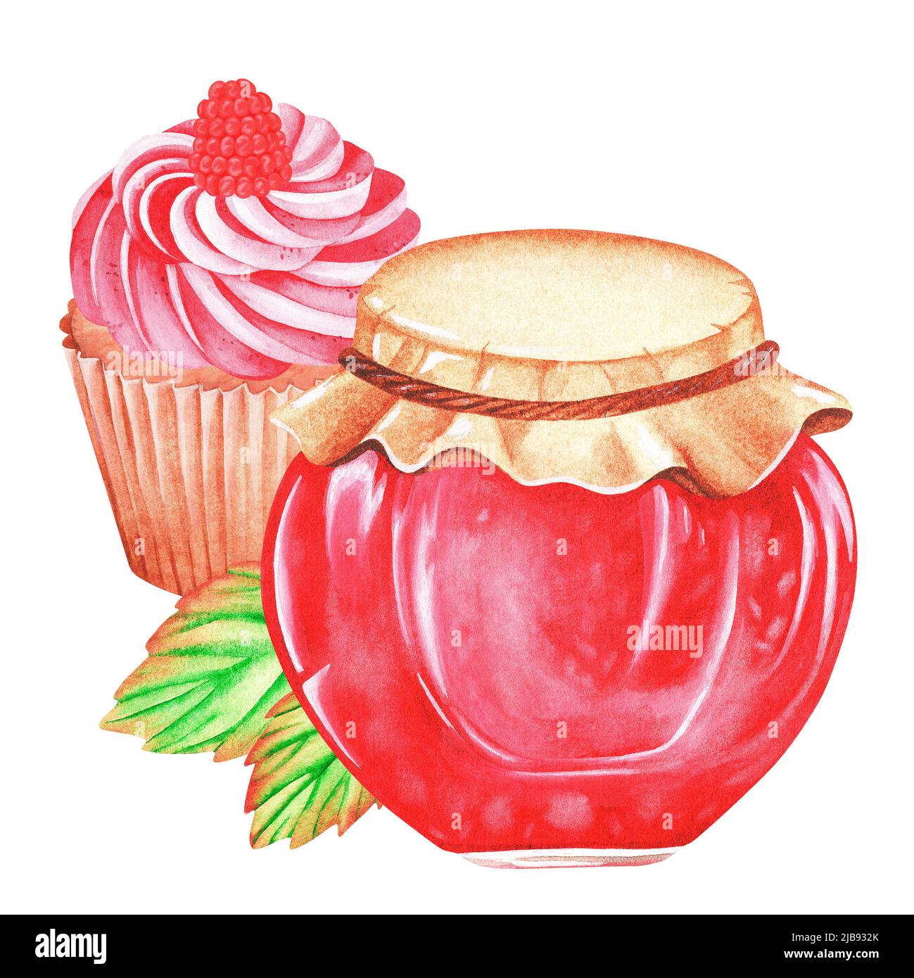 Raspberry jam with a cupcake. Watercolor illustration. Isolated on a ...