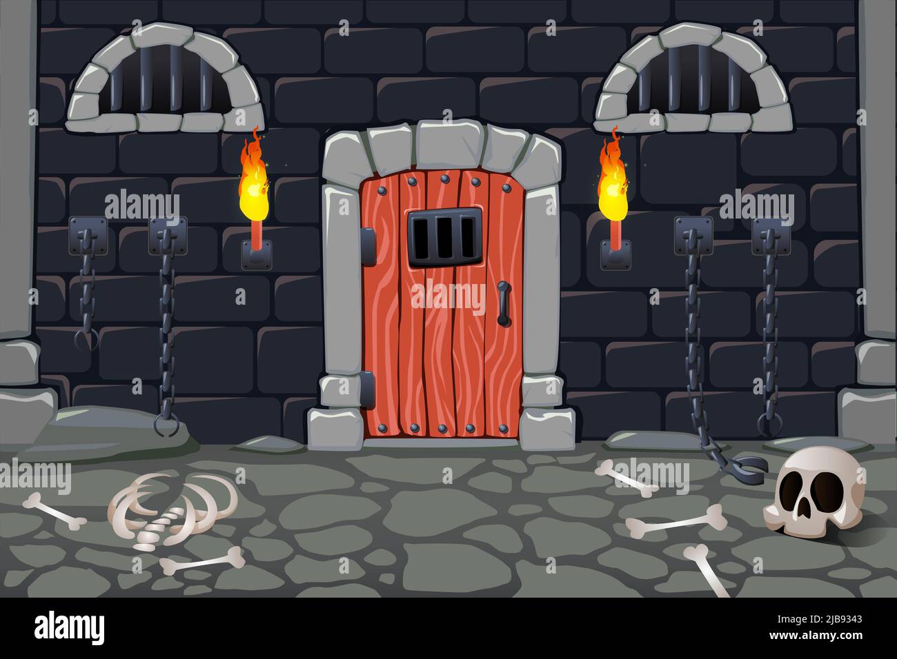 Cartoon doors composition with view of scary dungeon with torches human ...