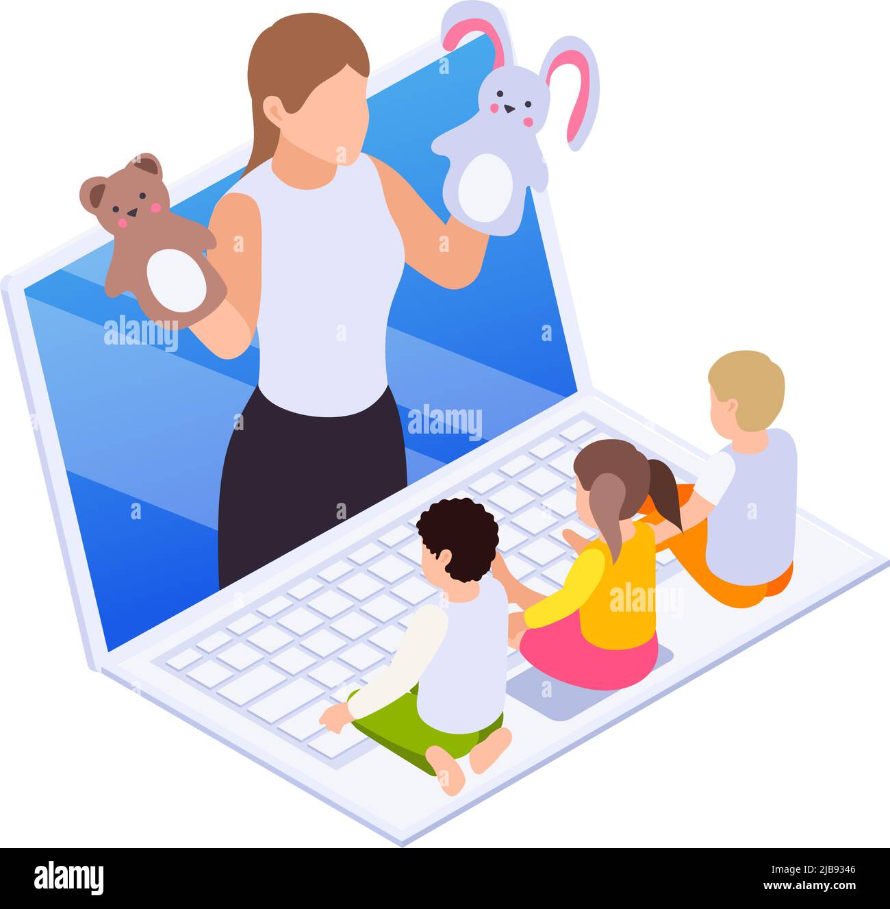 Home education isometric icon with small children having online lesson ...