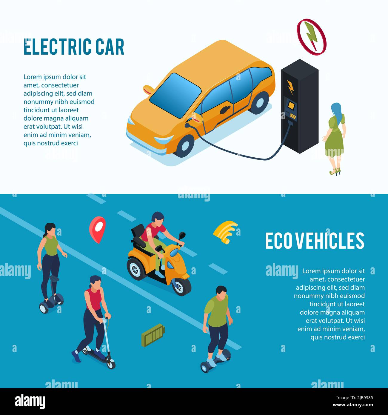 Environmentally friendly green energy transport 2 isometric web banners ...