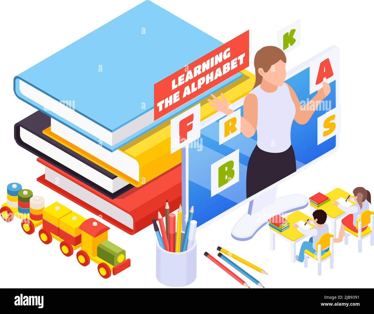 Kindergarten kids learning abc online isometric composition with ...