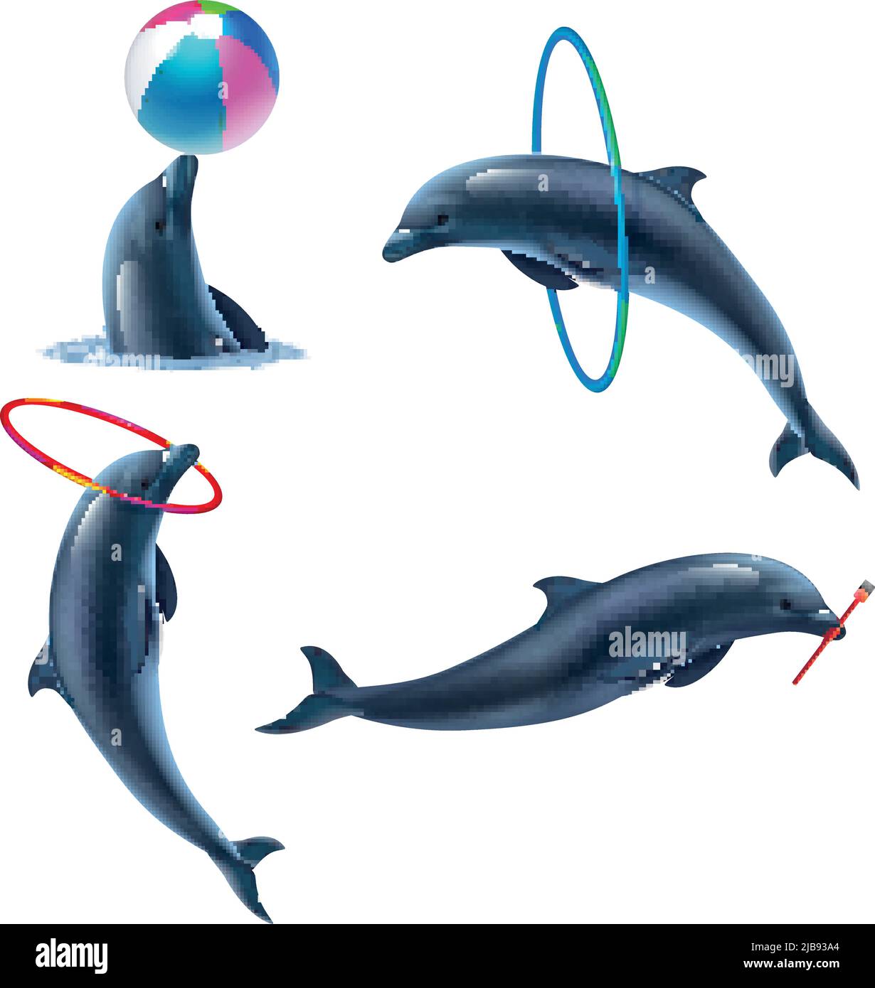 Dolphin circus realistic icon set four dolphins acting with inflatable ...