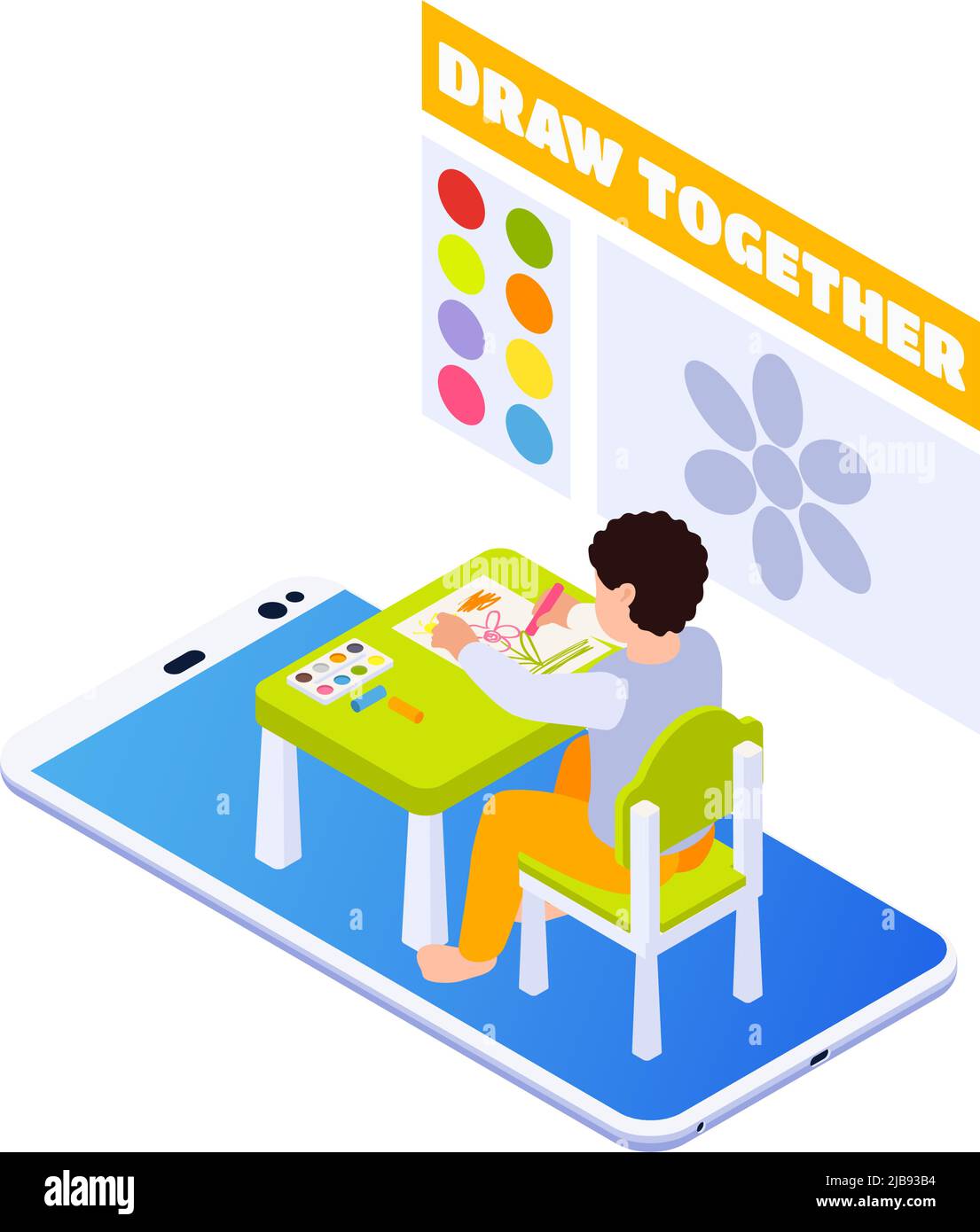 Home education isometric icon with girl drawing on online art lesson 3d ...