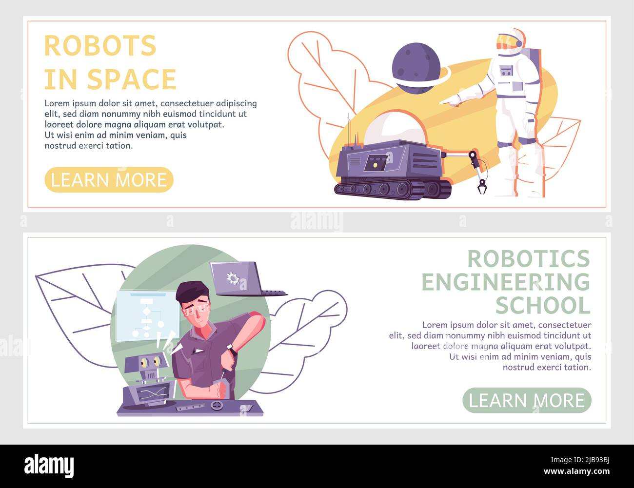Set of two robotics horizontal banners with flat image compositions ...