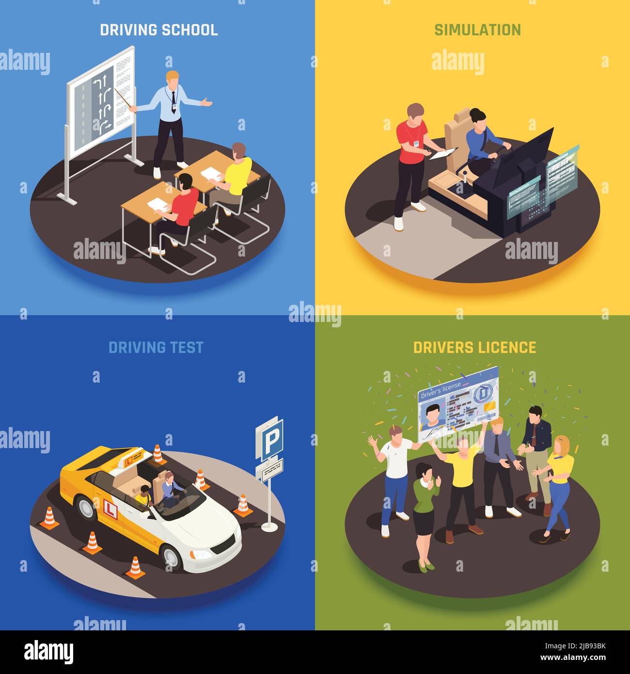 Driving school isometric 2x2 design concept with characters of students ...