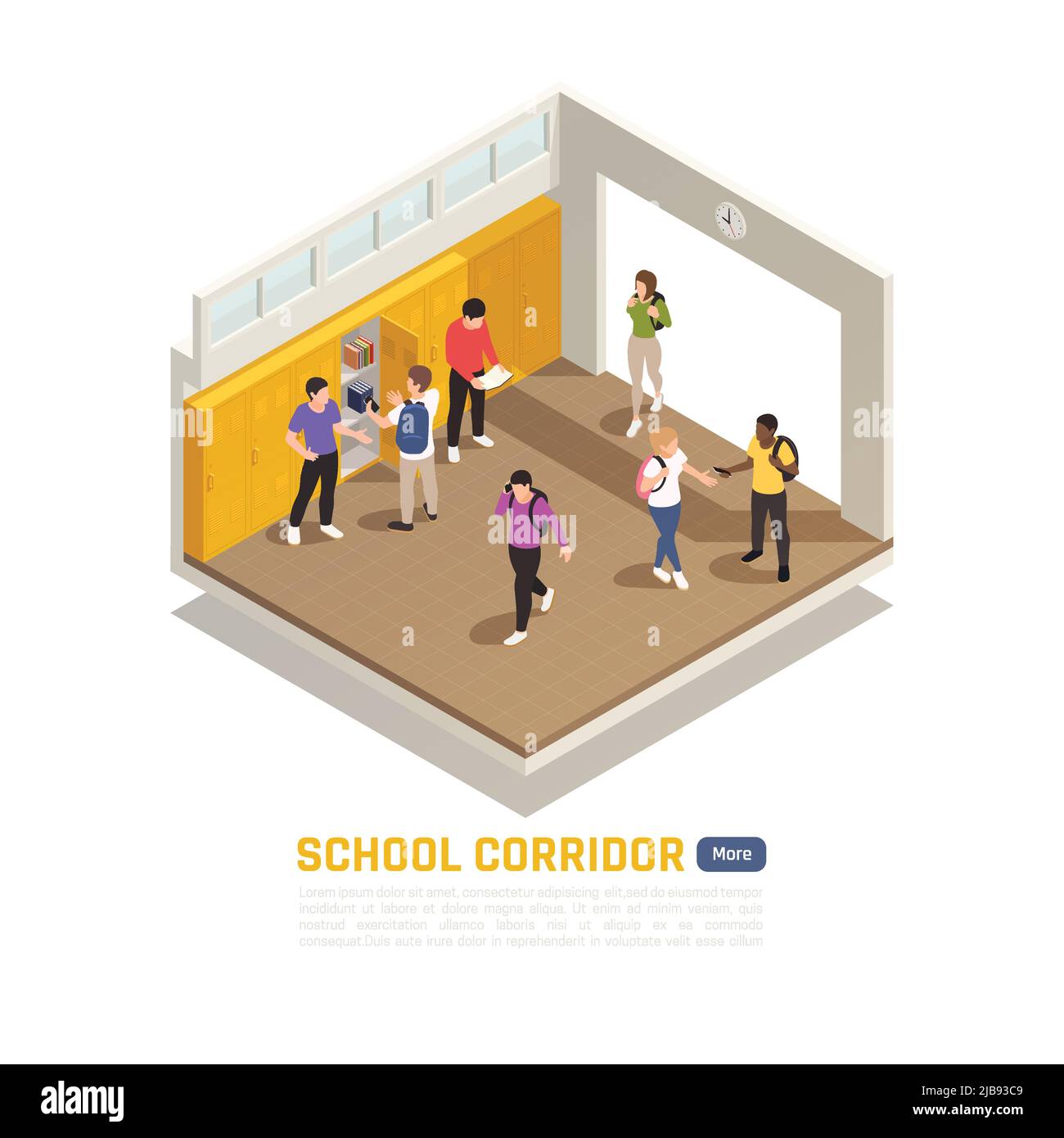 High school students in corridor during break 3d isometric composition ...