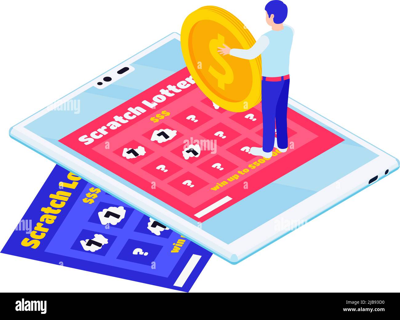 Online lottery isometric icon with scratch cards gadget and character ...
