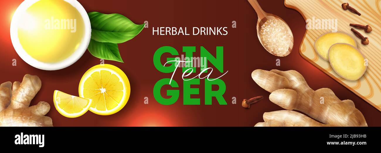Herbal drinks realistic horizontal banner header with ginger lemon ...