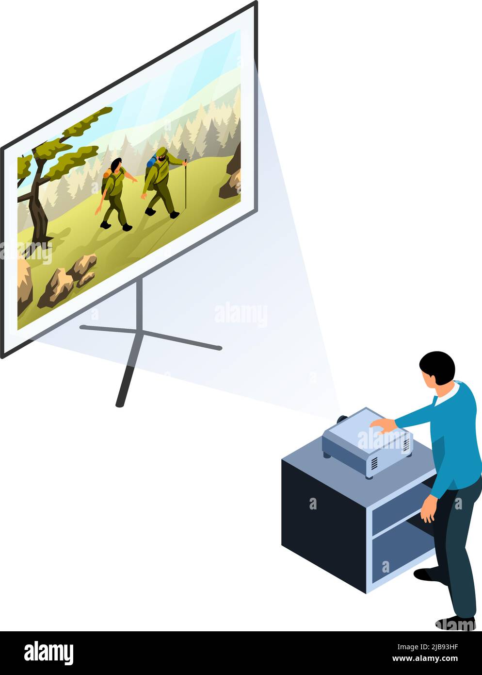 Character turning on projector to watch movie on projection screen ...