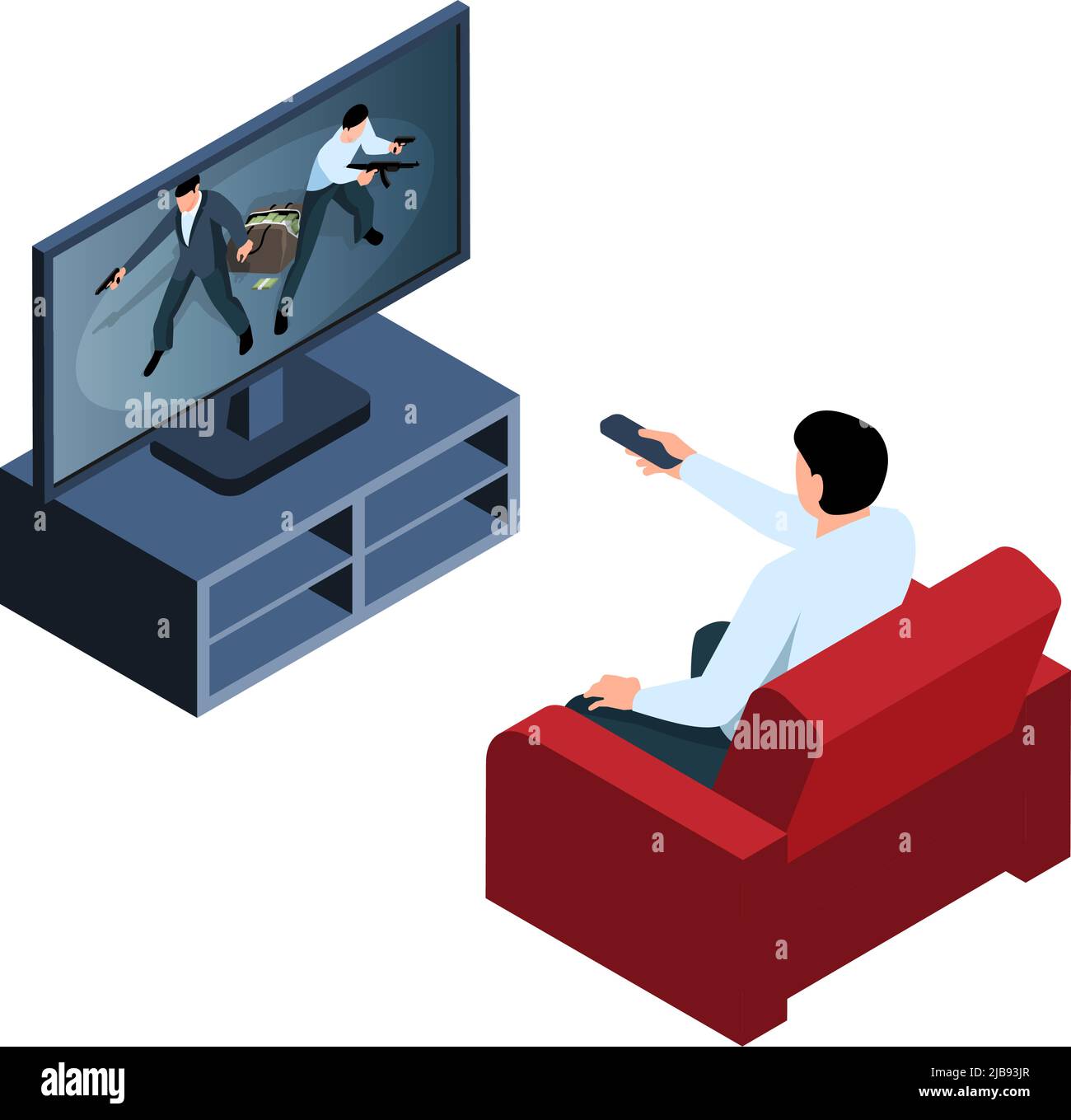 Man with remote control watching thriller on tv isometric icon 3d ...