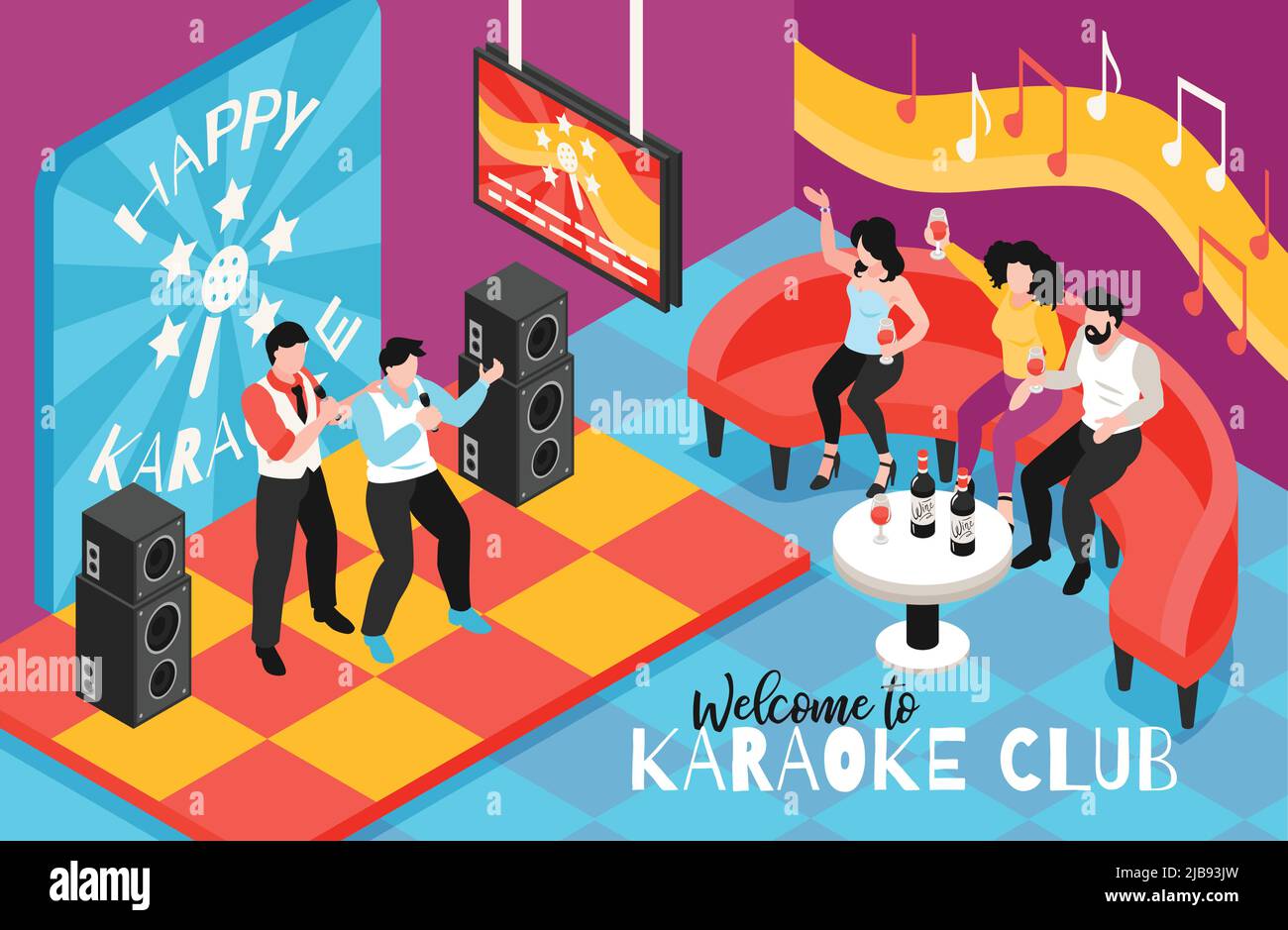 Isometric karaoke bar composition with indoor singing club scenery with ...