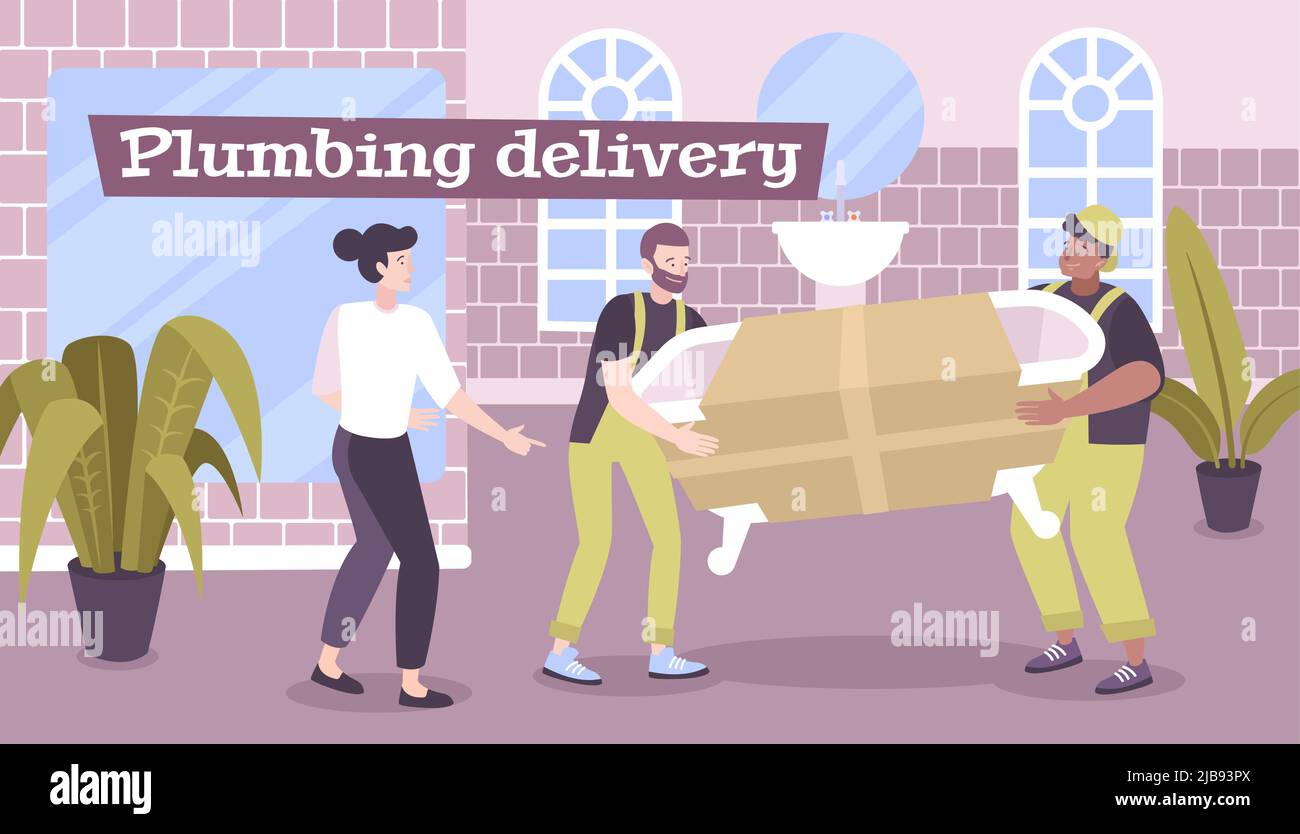 Plumbing delivery flat composition with text and flat human characters ...