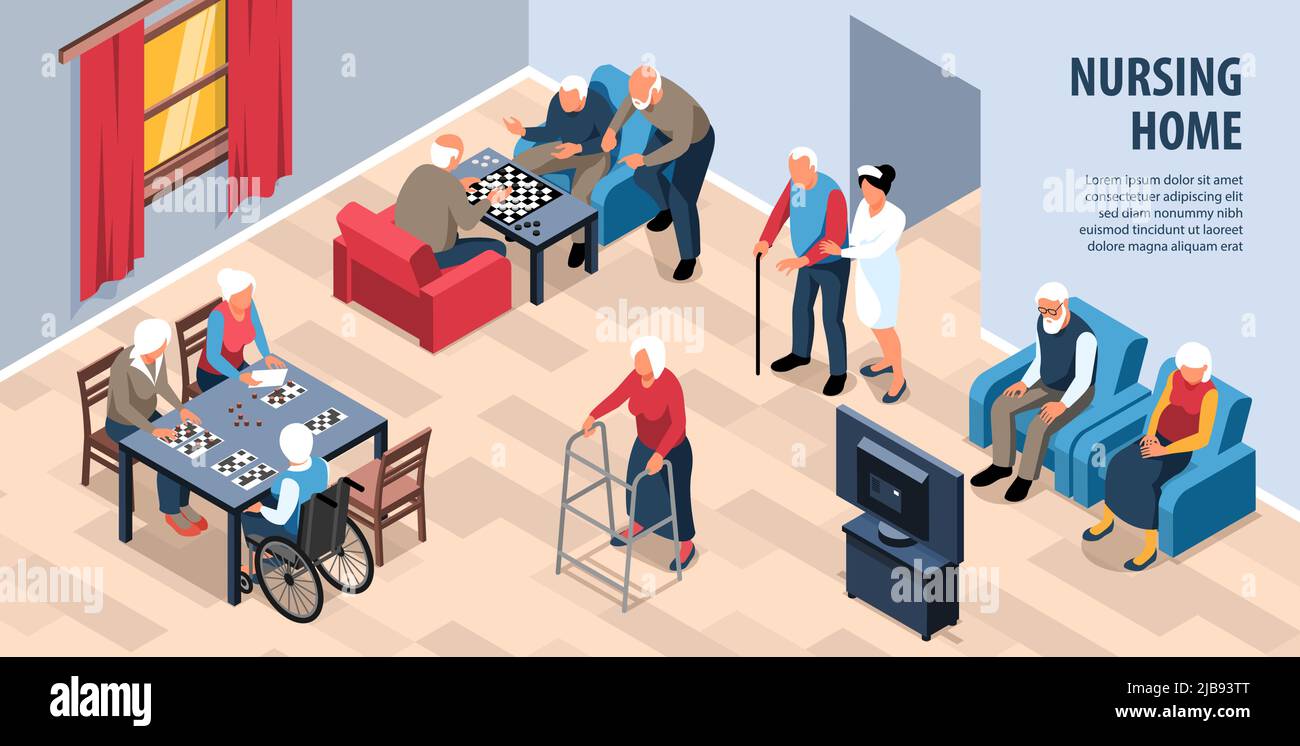 Isometric nursing home horizontal background with text and indoor ...