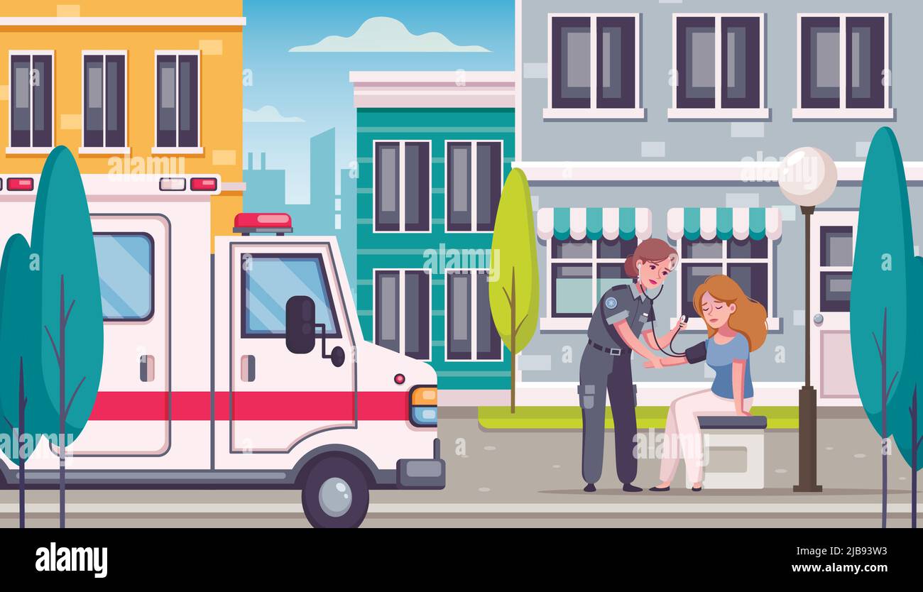 Paramedic emergency ambulance cartoon composition with modern city ...
