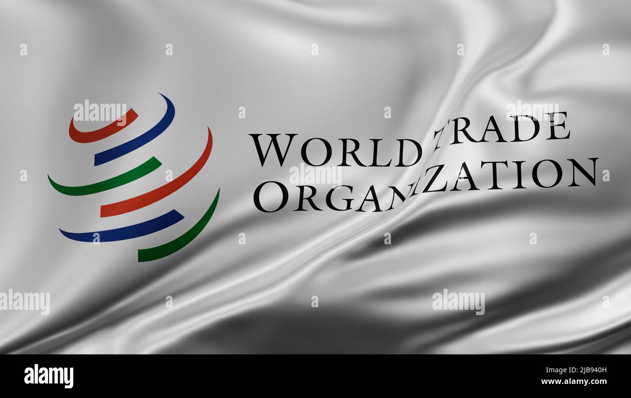 World Trade Organization WTO flag full screen background, silk farbric ...