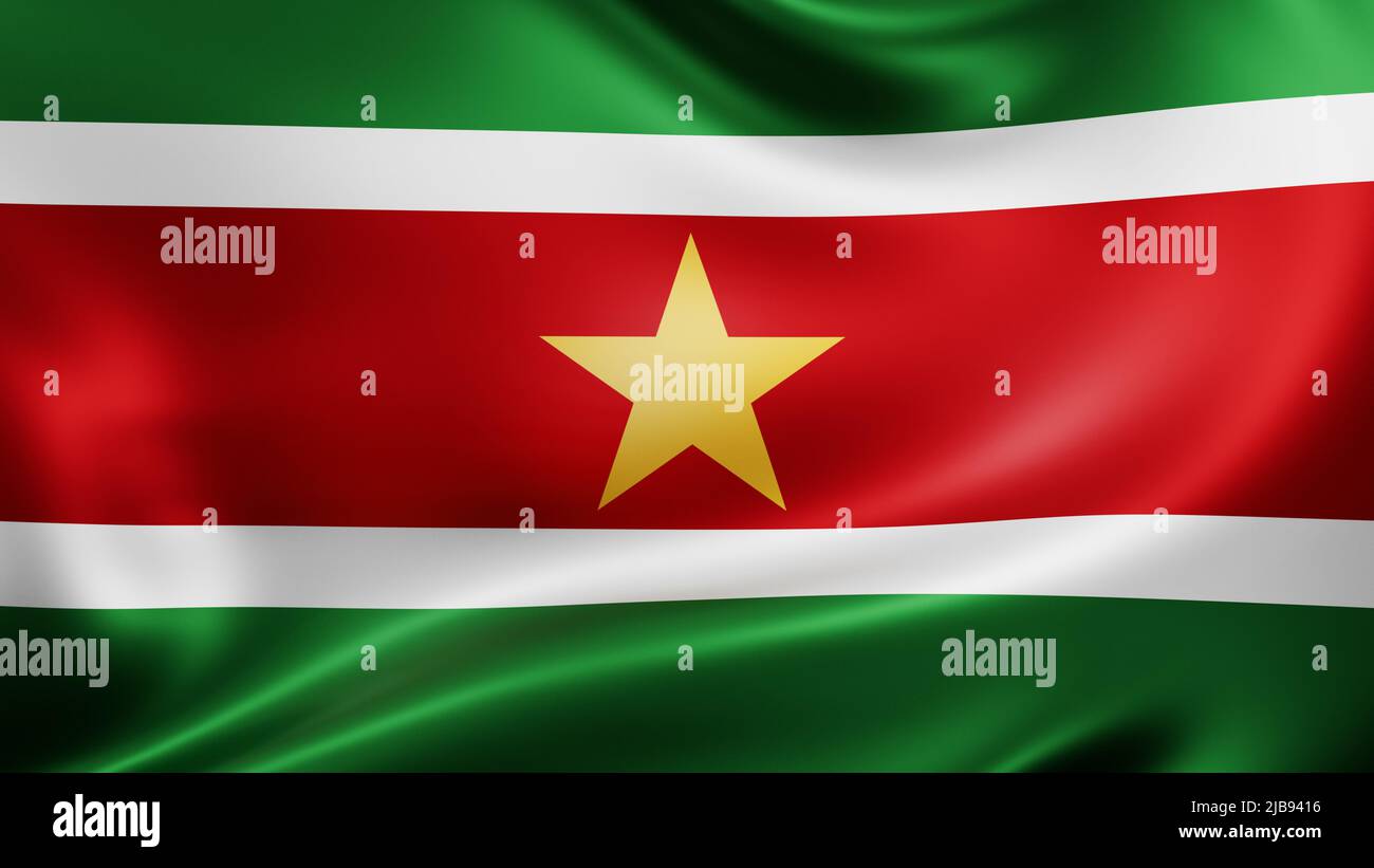 Suriname national flag full screen background, silk farbric, close up ...