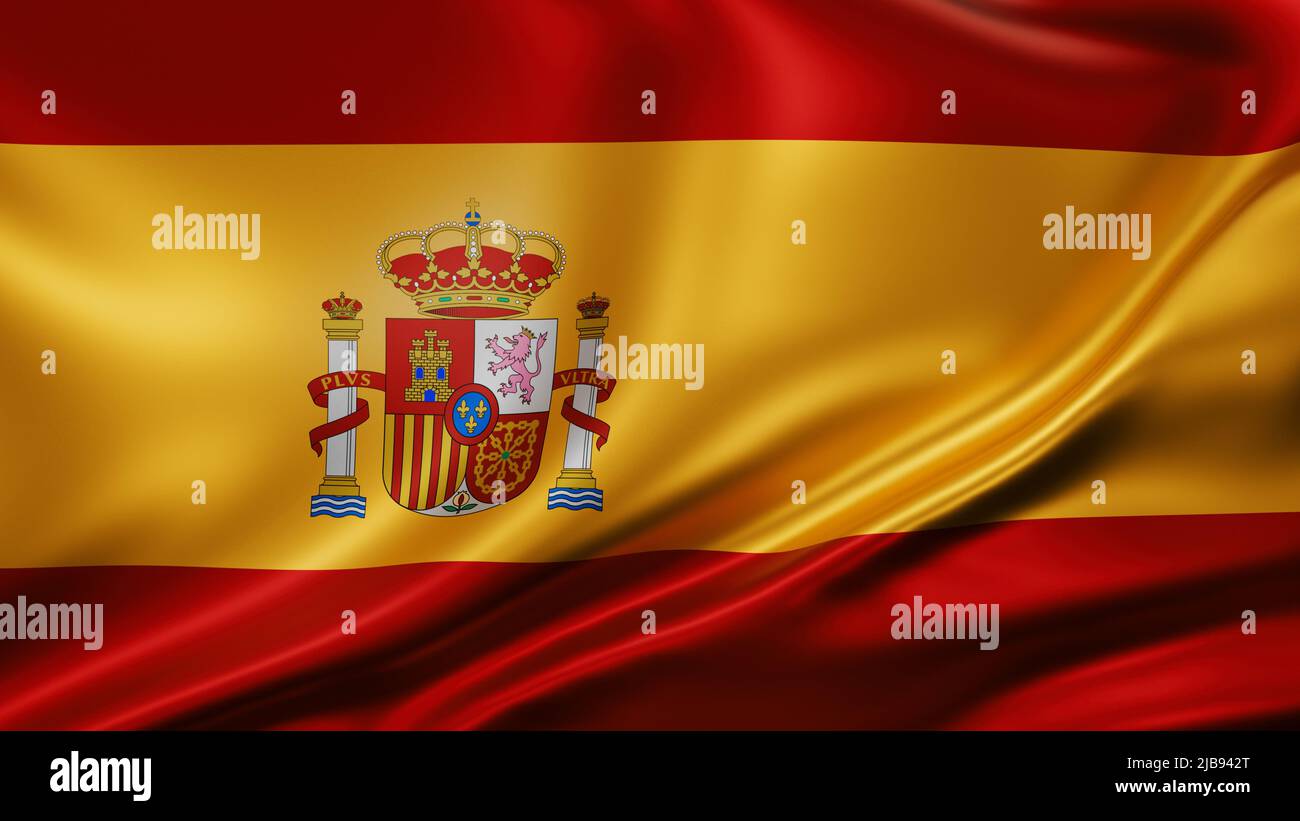 Spain national flag full screen background, silk farbric, close up ...