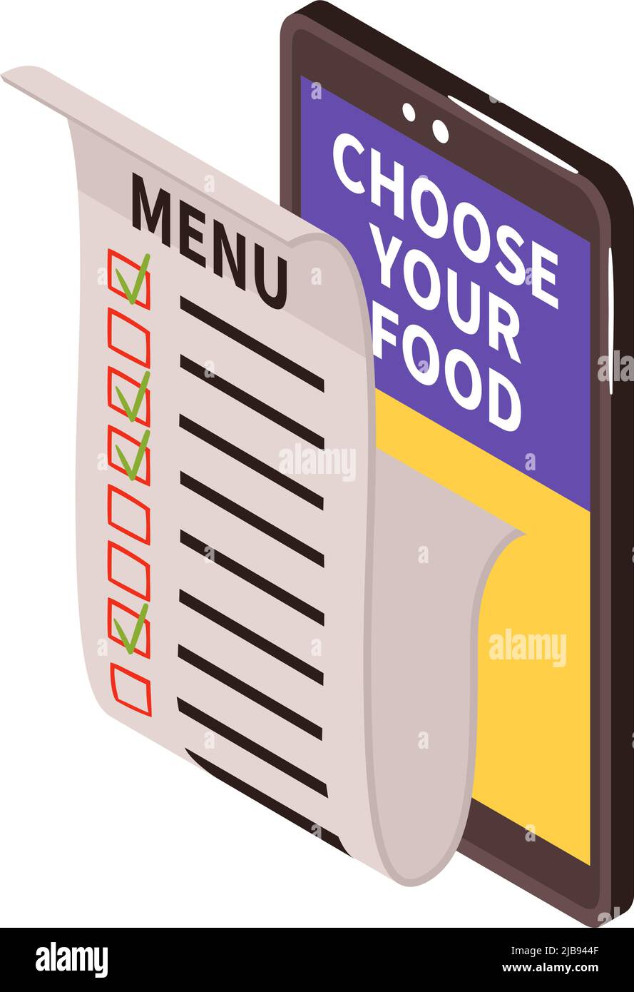 Isometric delivery food composition with smartphone and paper checklist ...