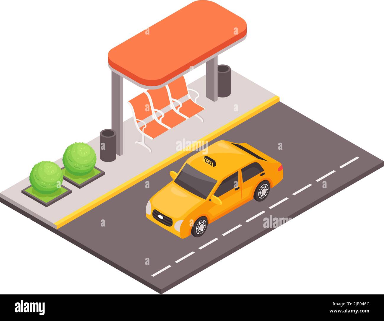 Public transport isometric icon with modern bus shelter and taxi car on ...