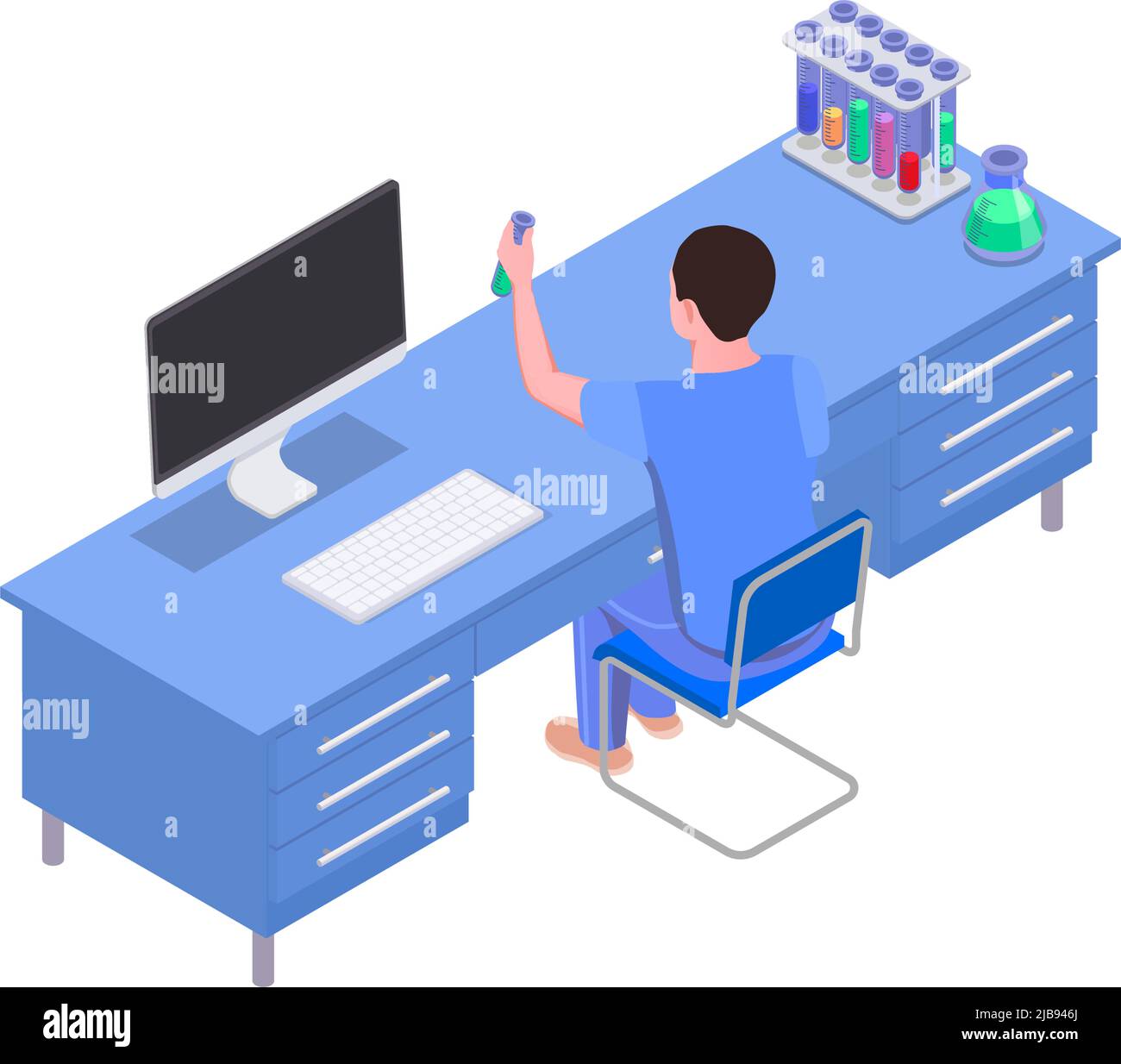 Science lab isometric icon with character at his work place flasks and ...