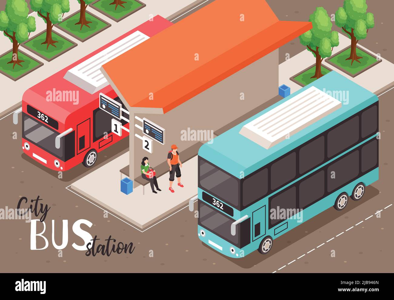 Isometric city bus stop composition with outdoor view of public stop ...