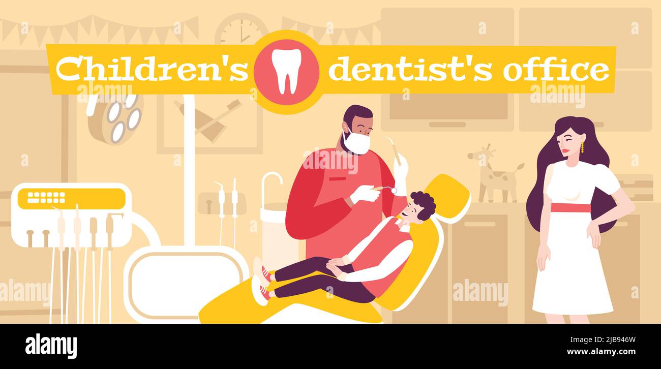 Children dentistry flat composition with text and indoor dental clinics ...