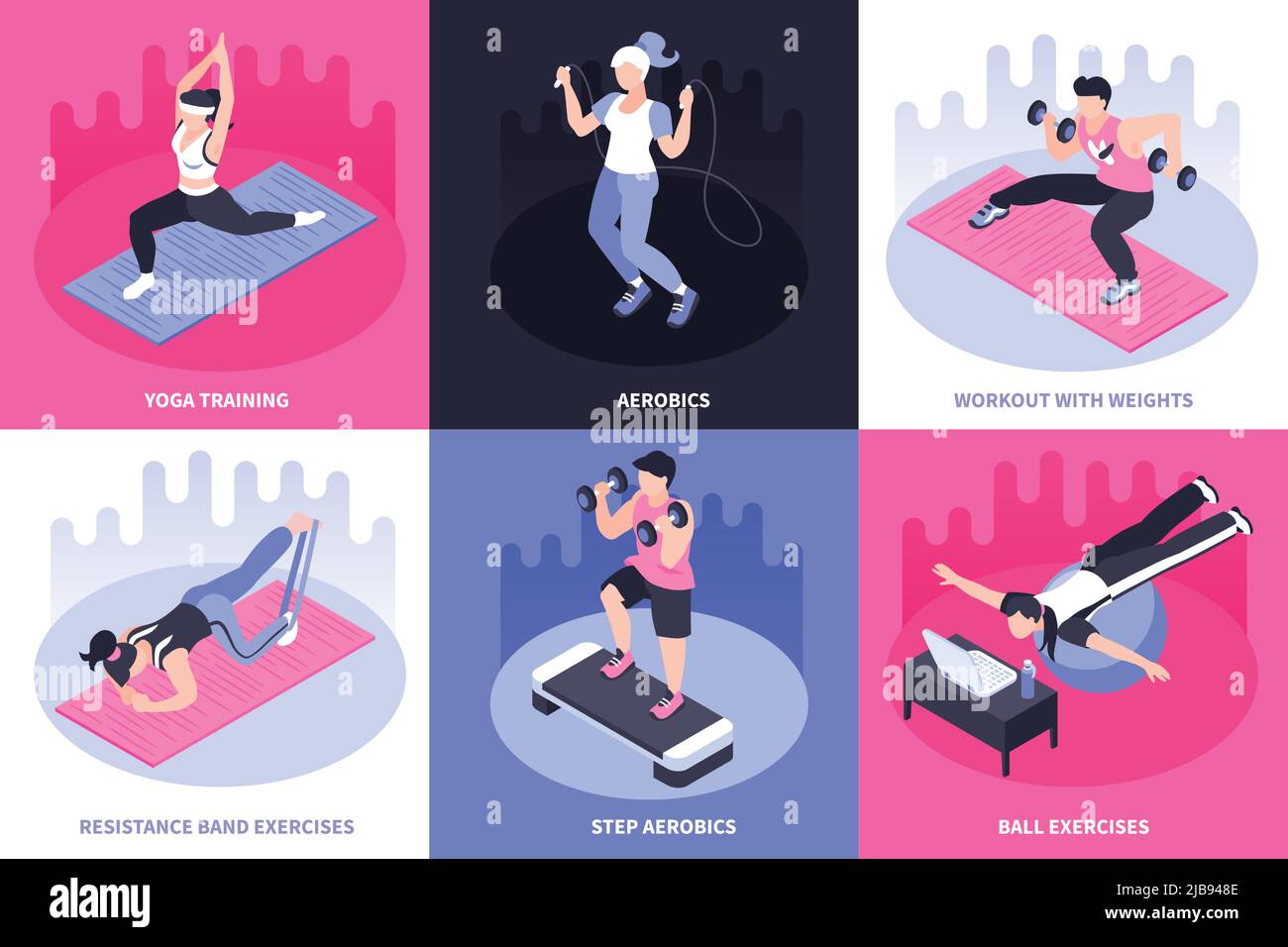 Isometric home fitness design concept with six square compositions of ...