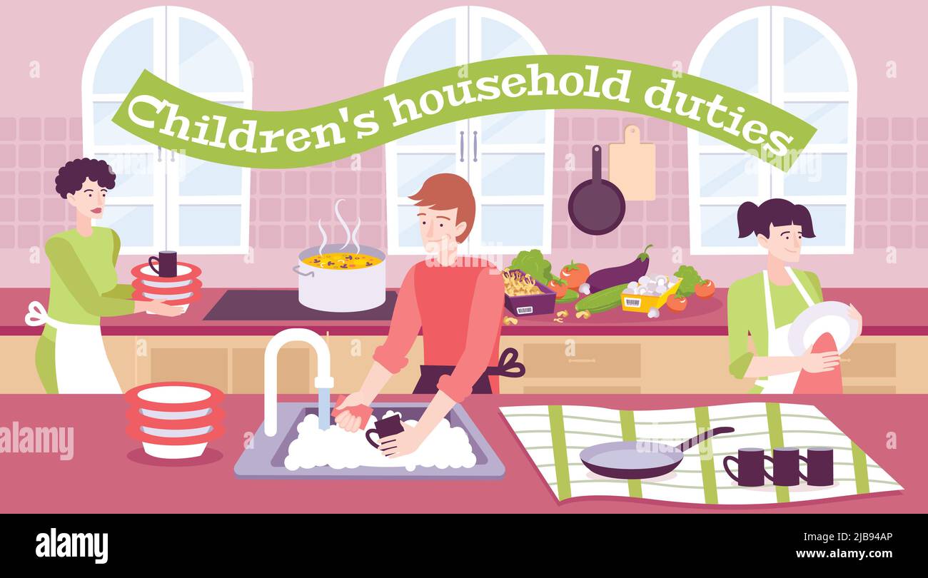 Children household duties flat composition with girl helping her ...