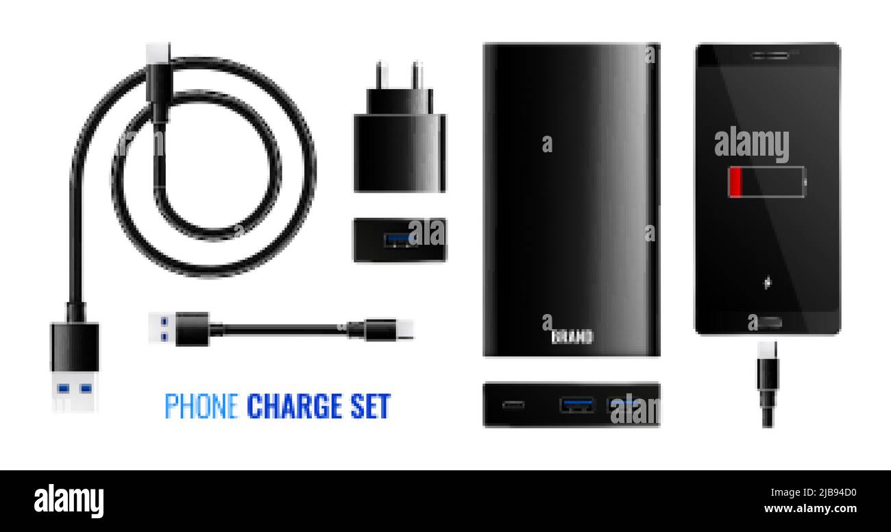 Set of isolated phone charge realistic icons with text and images of ...