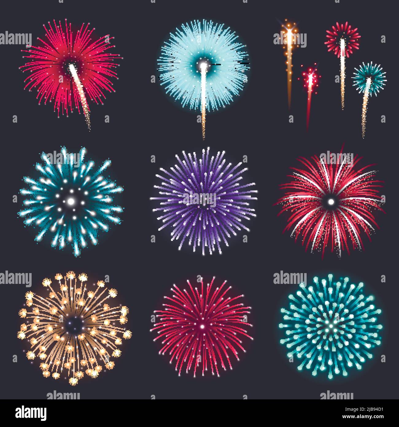 Set of realistic sparkling colored fireworks isolated on black ...