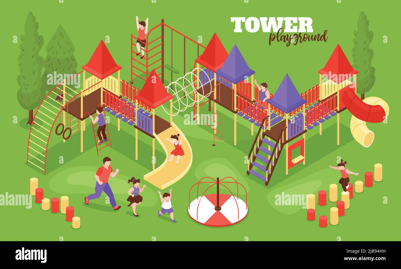 Isometric kids playground background composition with text and outdoor ...