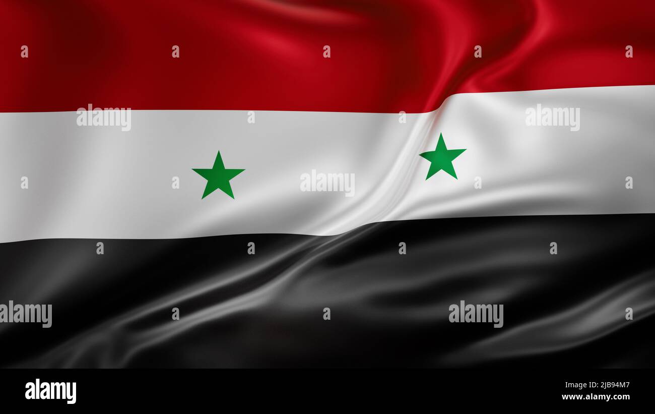 Syria national flag full screen background, silk farbric, close up ...