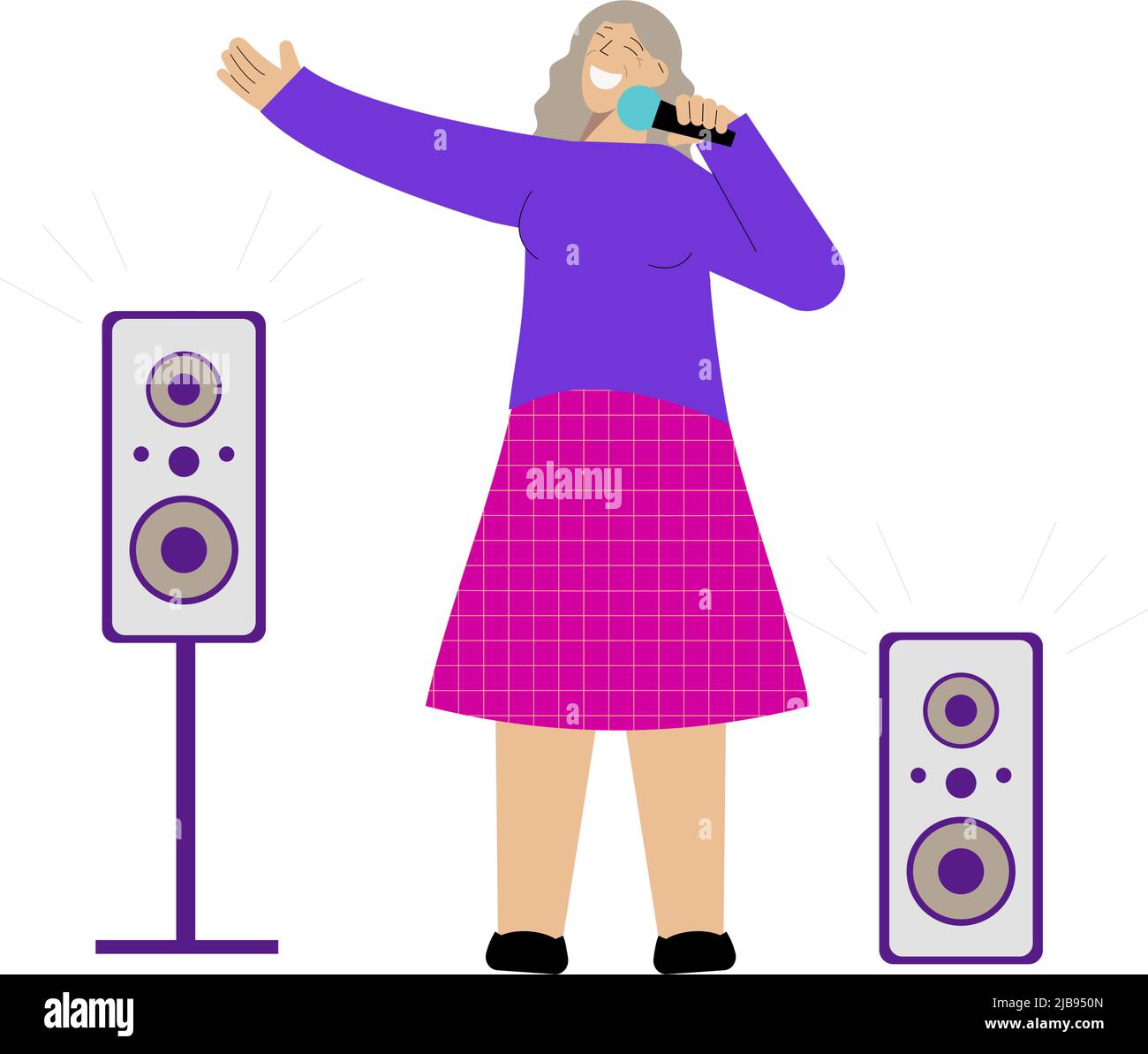 Flat Composition With Happy Senior Woman Singing In Microphone Vector