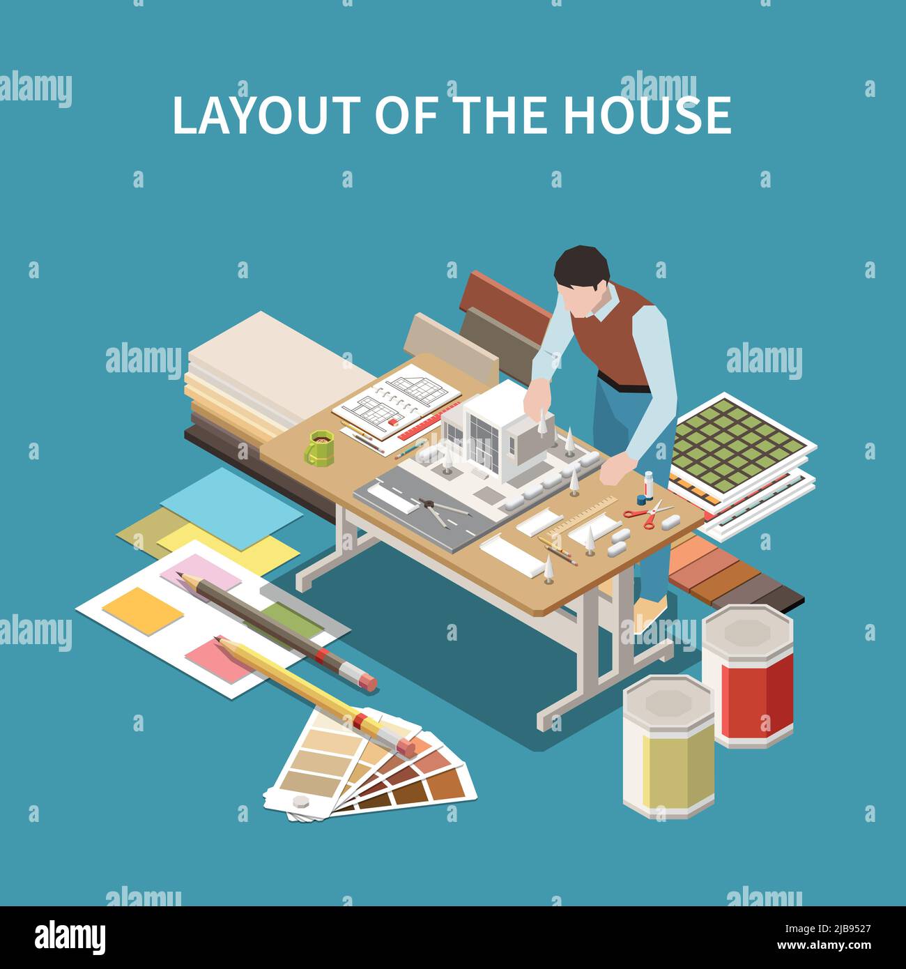 Architect isometric composition with text and human character at table ...