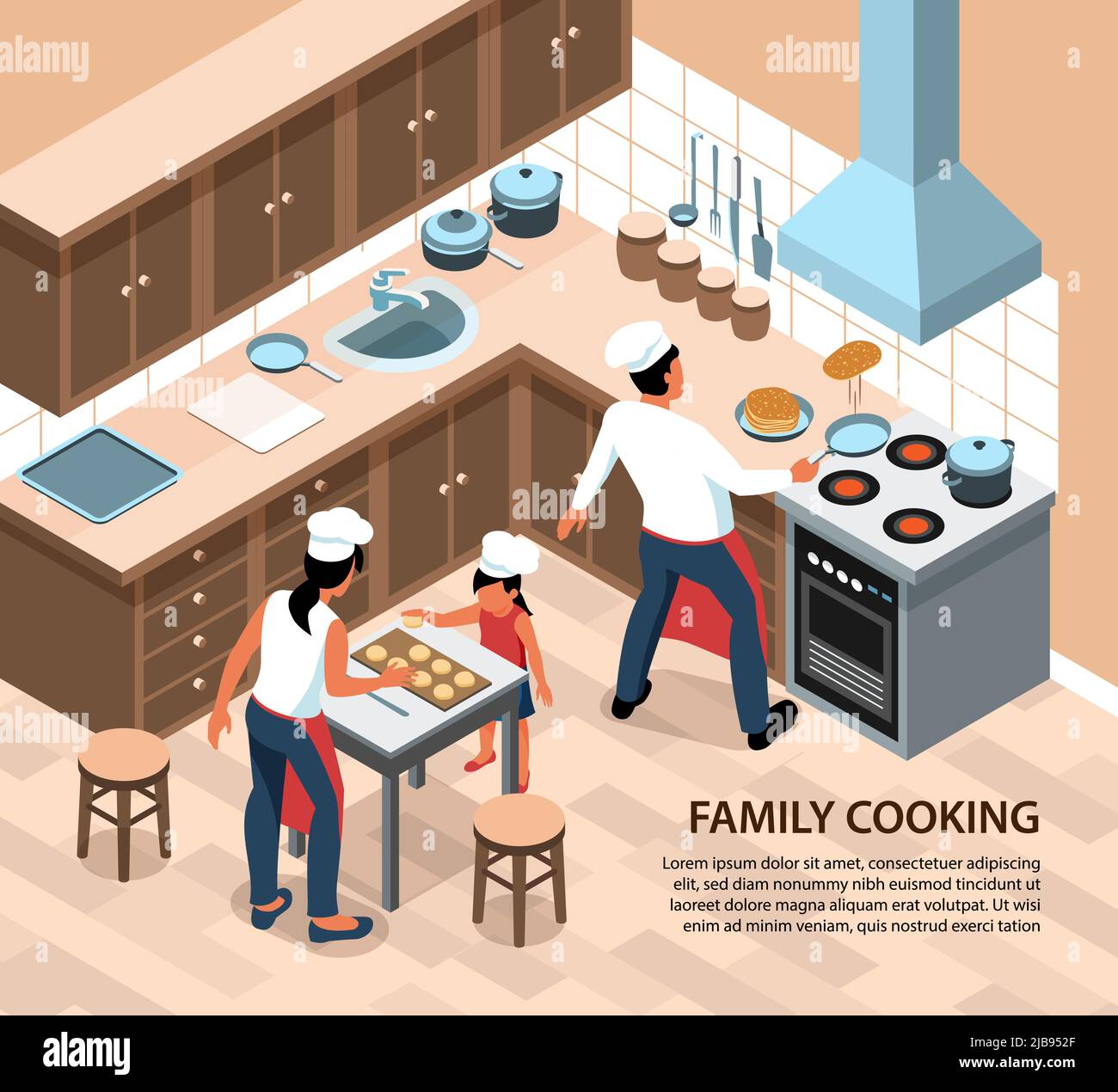 Isometric people cooking background composition with editable text and ...