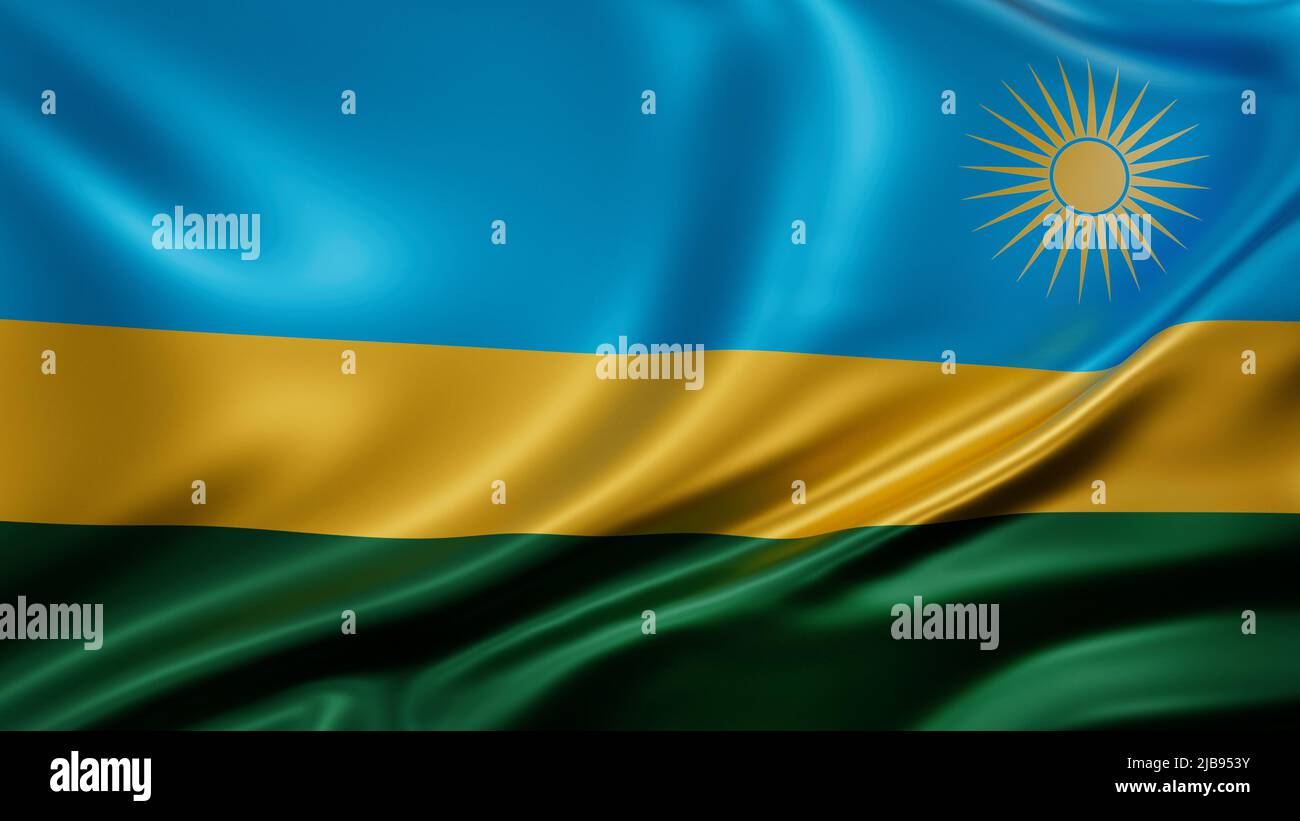 Rwanda national flag full screen background, silk farbric, close up waving in the wind Stock ...