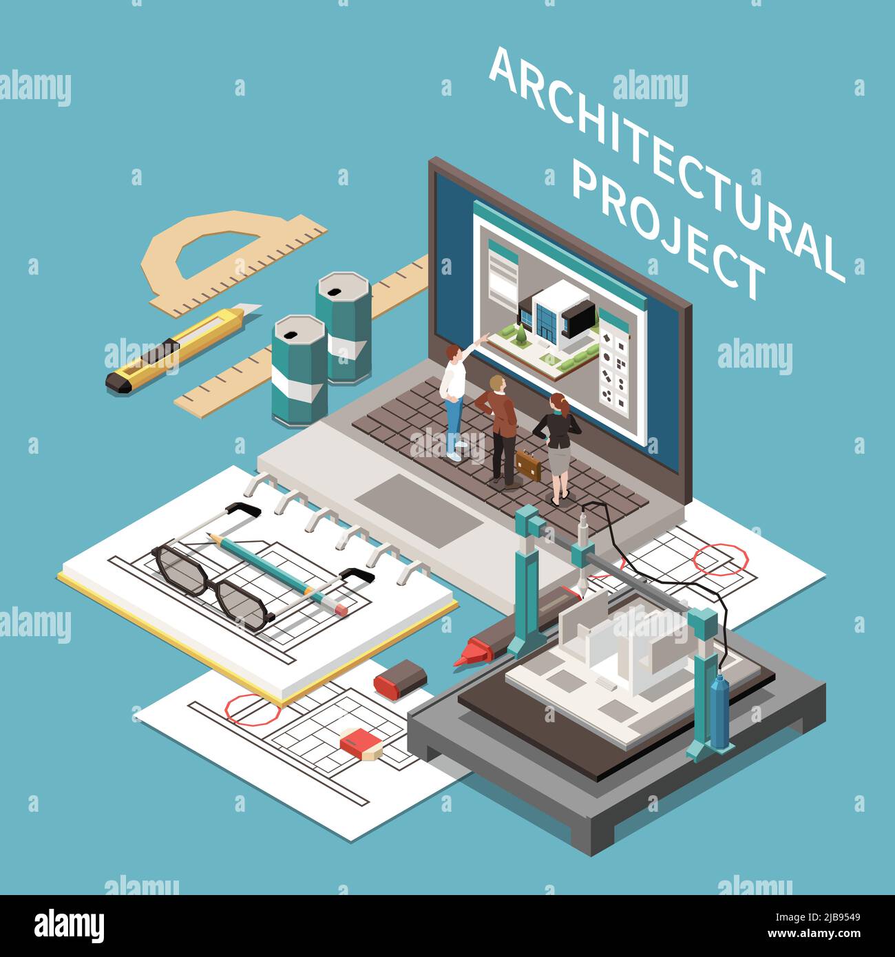 Architect isometric composition with elements of architects working ...