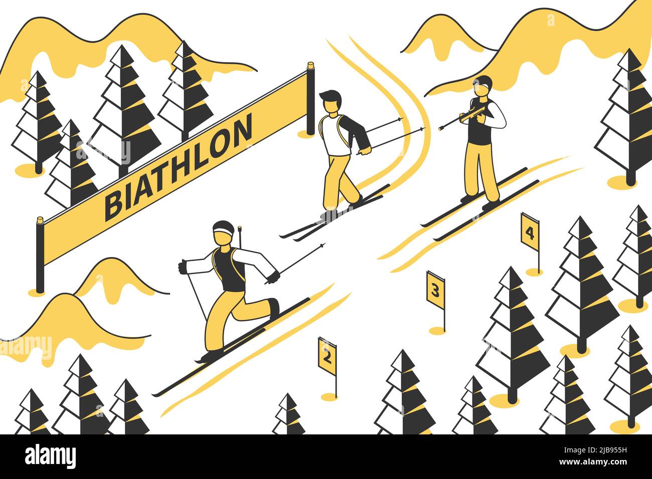 Biathlon competition with three biathlonists going down hill 3d ...