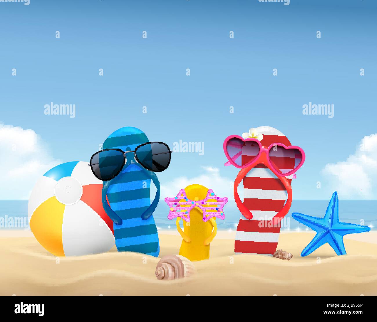 Summer composition with colorful family thong sandals sunglasses ball ...