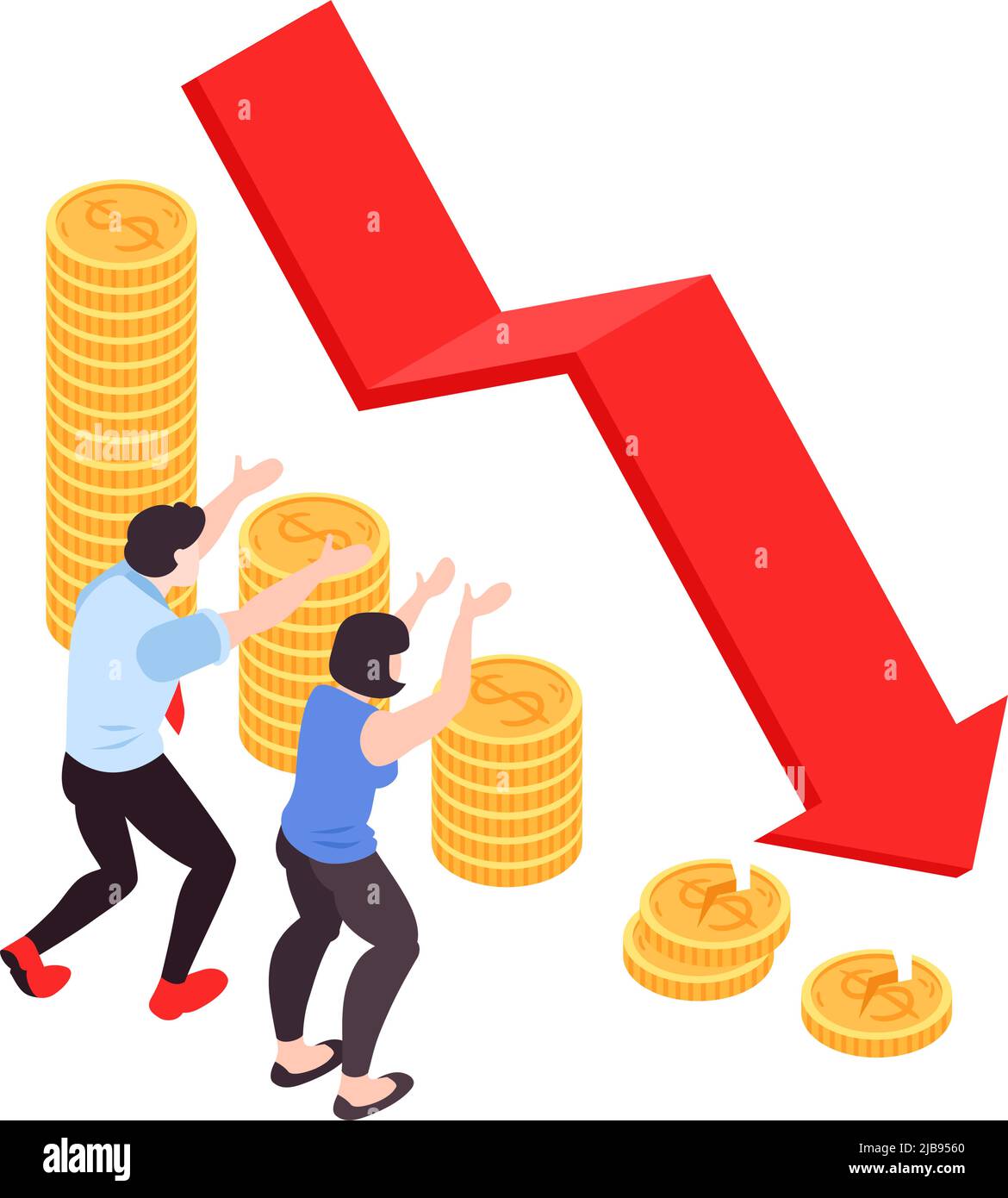 Isometric financial crisis icon with stack of coins and frustrated ...