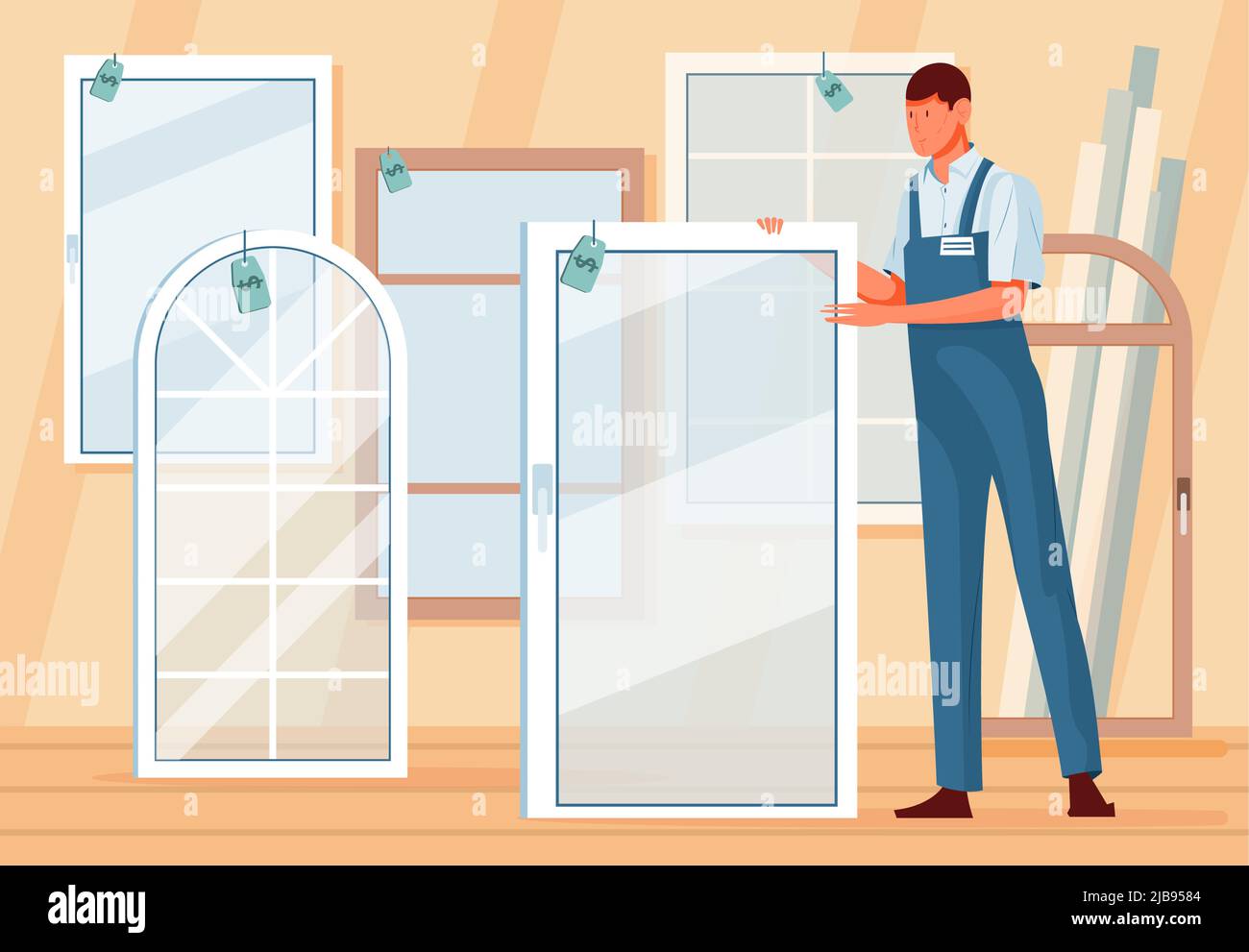 Plastic windows shop display and store assistant in uniform flat vector ...