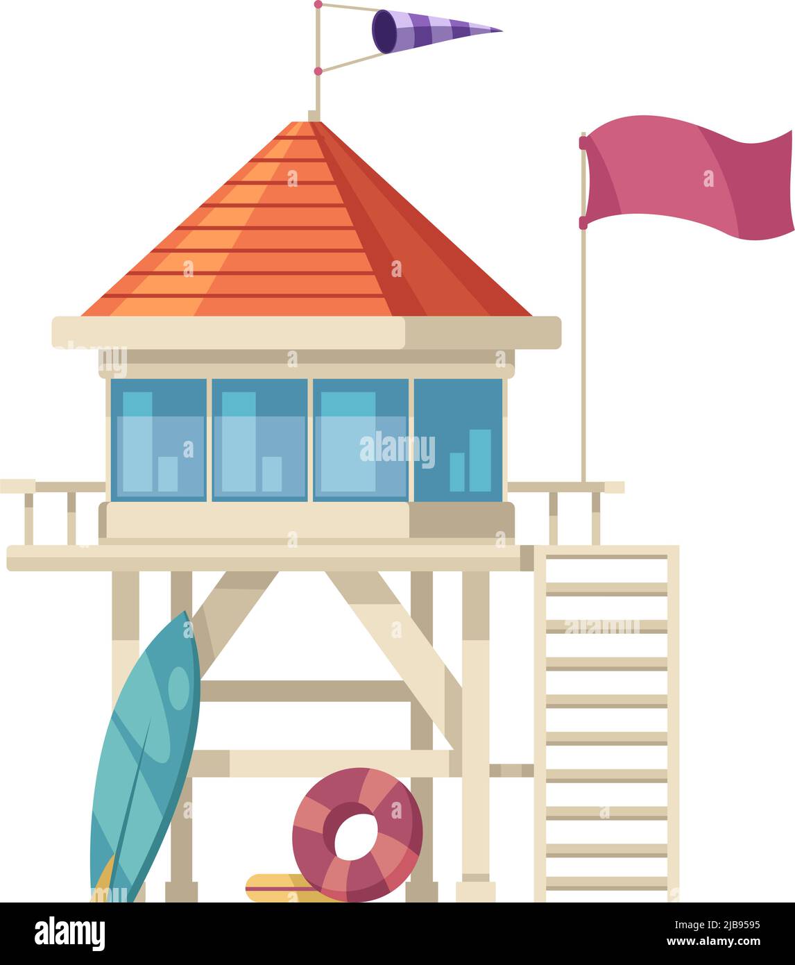 Lifeguard tower with surfboard and flotation ring cartoon icon on white ...