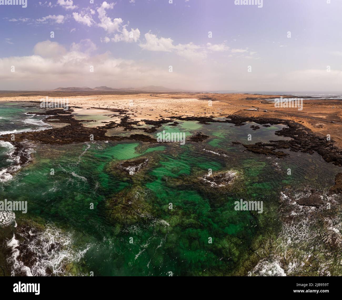 Aerial Panoramic view of the Natural Pools of El Cotillo Fuerteventura ...