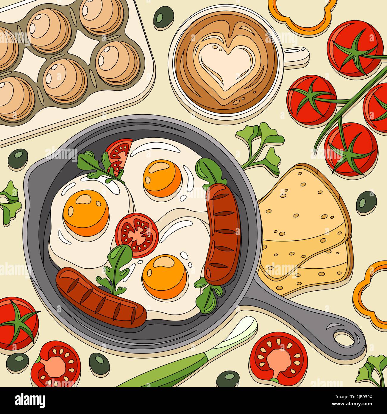 Coloring breakfast fried eggs toast composition with frying pan and ...