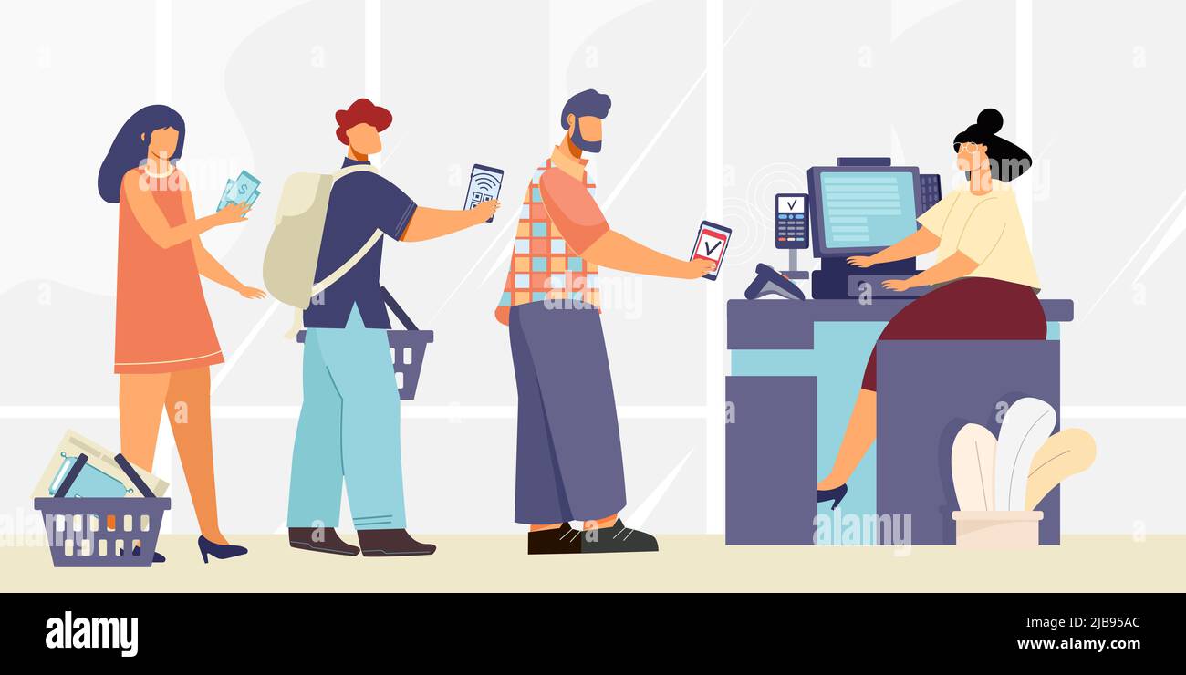 Payment cash desk composition with flat human characters standing in ...