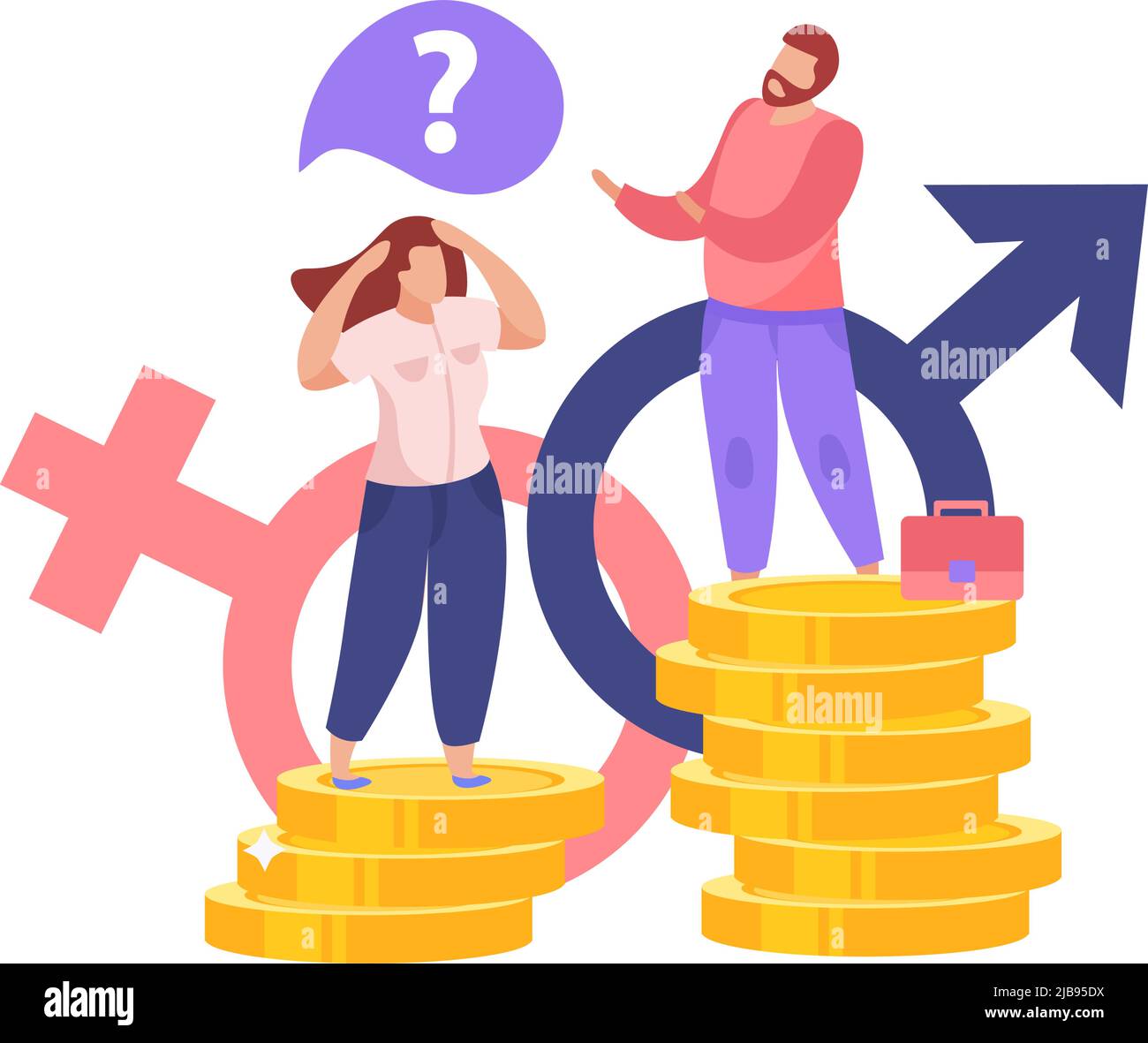 Discrimination flat composition with male and female characters standing on stacks of coins ...