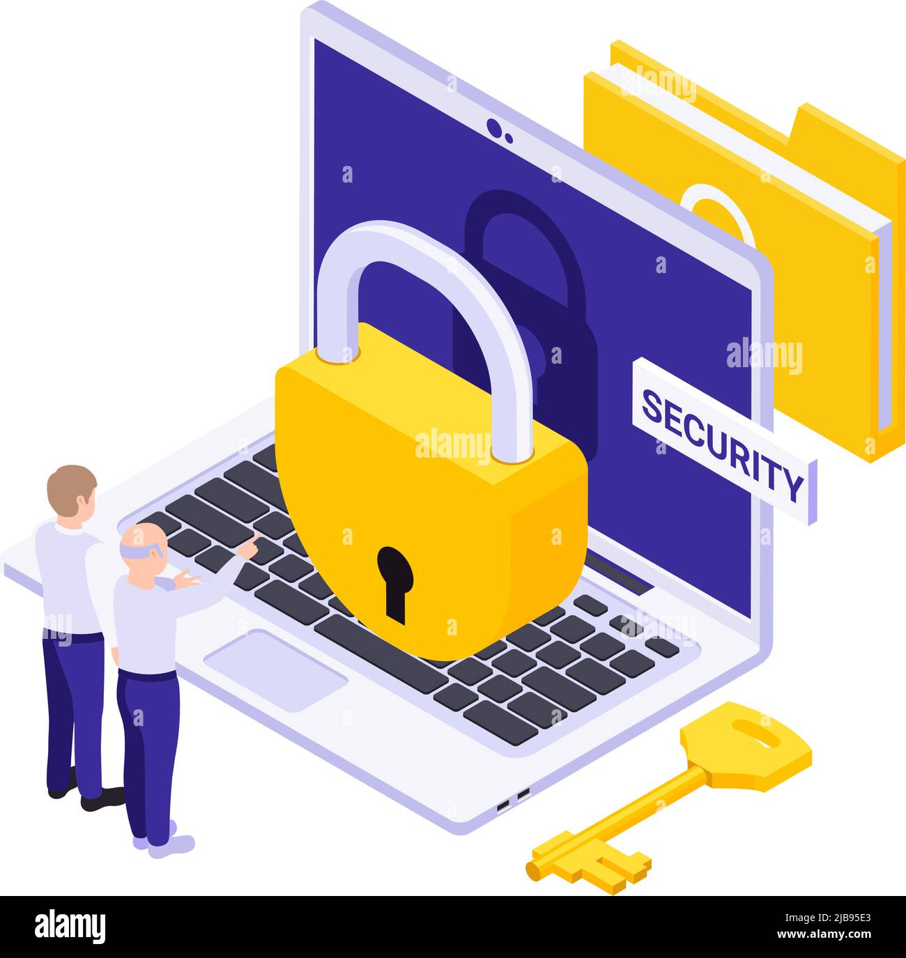 Isometric data security concept with two people and lock on computer ...